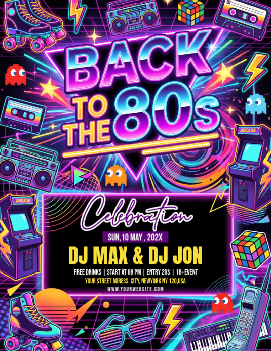 Purple 80s Party Flyers Template | PosterMyWall
