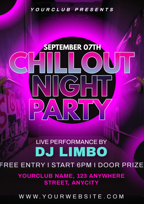 Plantilla de Purple Neon Chillout Night Party A4 | PosterMyWall