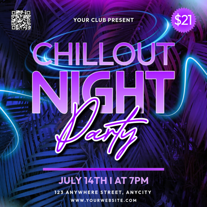 Purple Neon Chillout Night Party Square (1:1) Template | PosterMyWall