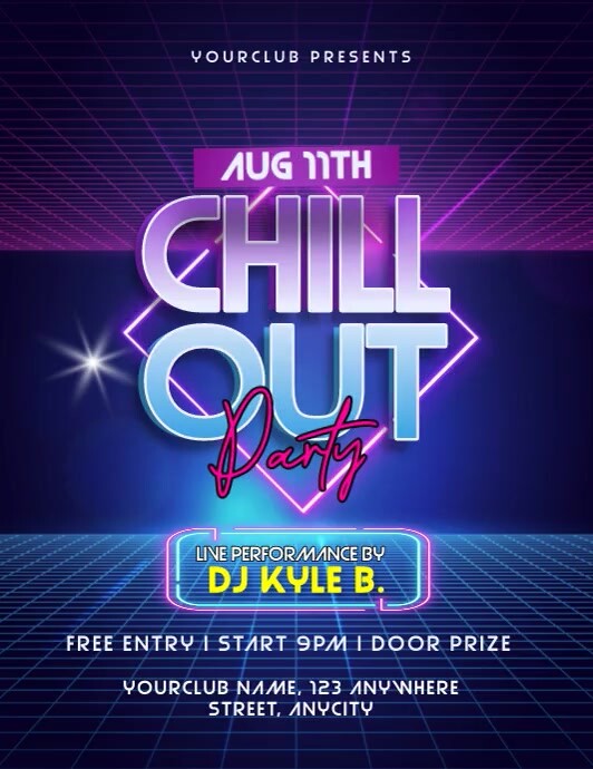 Plantilla de Purple Neon Chillout Party Pamflet (letter As | PosterMyWall