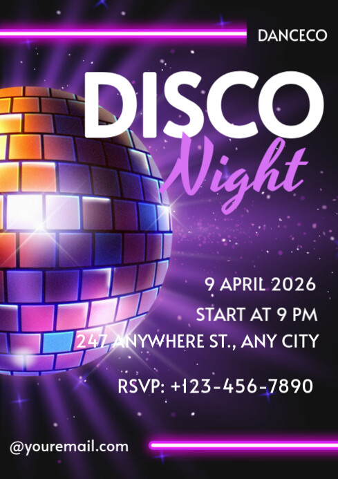 Purple Neon Disco Night Flyer A4 Template | PosterMyWall