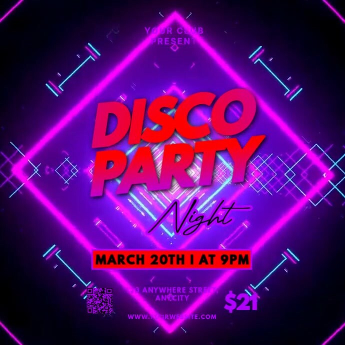 Purple Neon Disco Party Night Persegi (1:1) Template | PosterMyWall