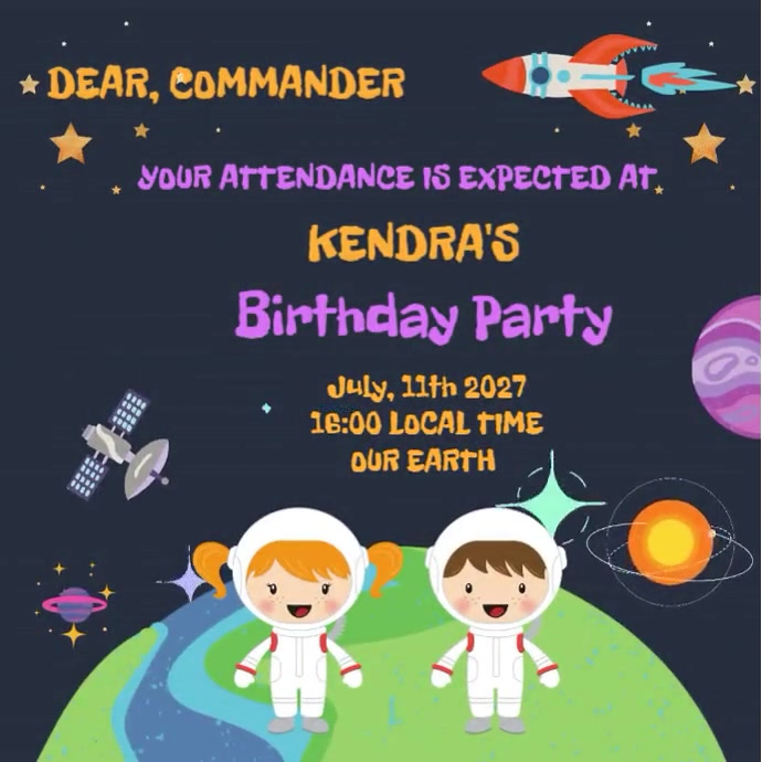 Purple Neon Editable Kids Birthday Invitation With Animated Space Theme ...