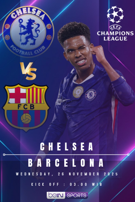 Plantilla de Purple Neon Fc Chelsea Vs Fc Barcelona Matcht Day Champion ...