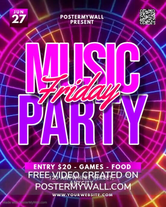 Purple Neon Friday Music Party Instagram Portrait เทมเพลต | PosterMyWall