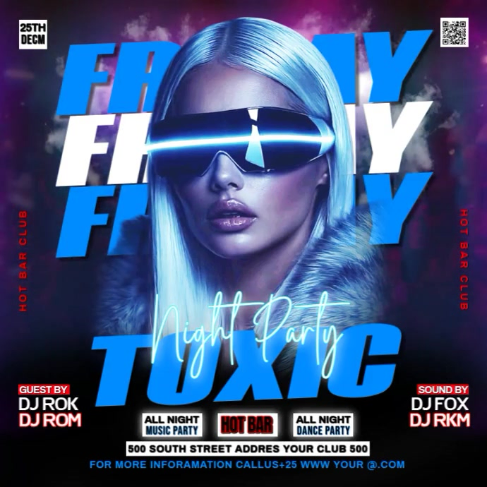 Purple Neon Friday Toxic Night Club Party Flyer Square (1:1) Template ...