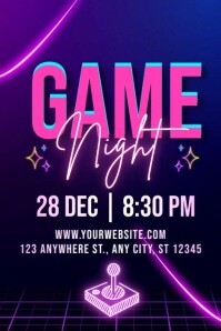 Purple Neon Game Night Party A4 Template | PosterMyWall