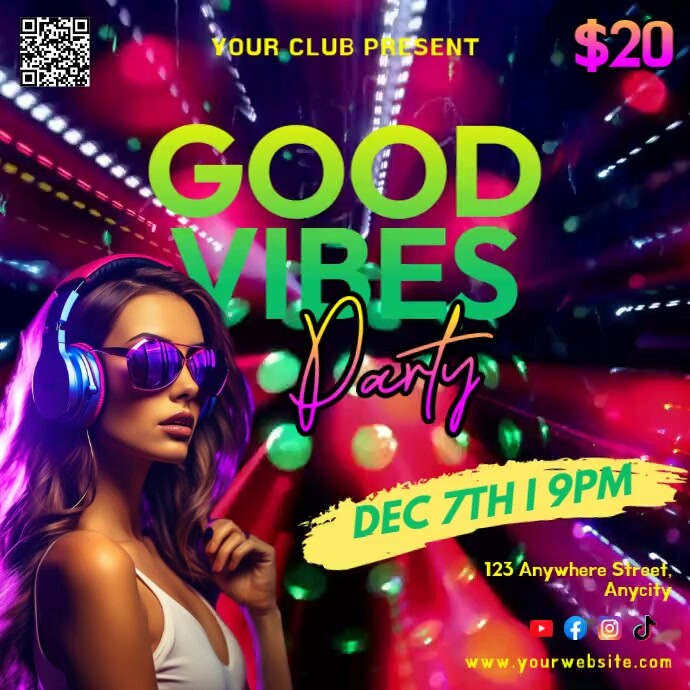 Purple Neon Good Vibes Party Pos Instagram Template | PosterMyWall