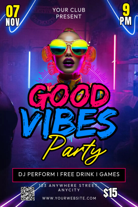 Purple Neon Good Vibes Party Poster Template | PosterMyWall