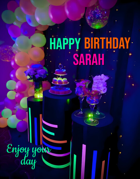 Purple Neon Happy Birthday Sarah Poster/wallboard Template | PosterMyWall