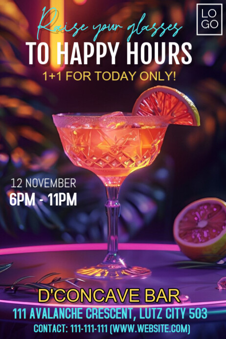 Purple Neon Happy Hour Day Poster Template | PosterMyWall