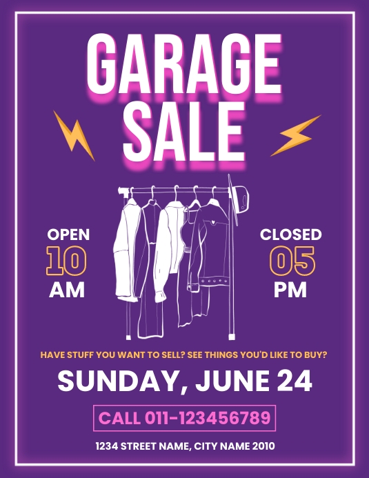 Plantilla de Purple Neon Illustrative Garage Sale Flyer | PosterMyWall