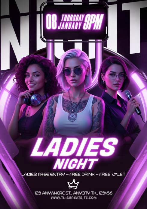 Purple Neon Ladies Night A4 Template | PosterMyWall