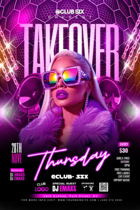 Plantilla de Purple Neon Ladies Night Club Party Poster | PosterMyWall