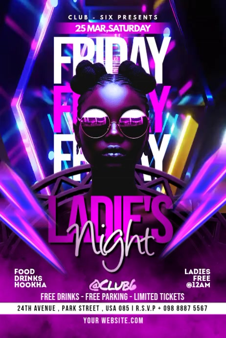 Purple neon ladies night event poster video Template | PosterMyWall