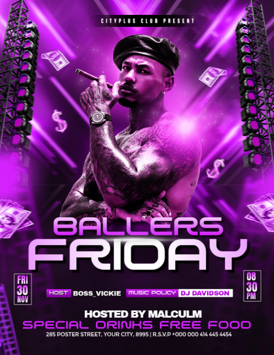 Purple Neon Luxury Baller Friday Club Night Poster With Dj & Vip Party ...