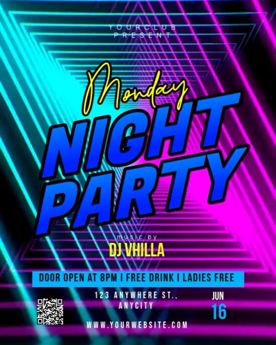 Modèle Purple Neon Monday Night Party Instagram Portrait | PosterMyWall