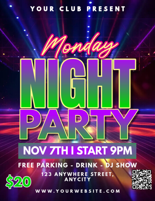 Purple Neon Monday Night Party Pamflet (letter As) Template | PosterMyWall