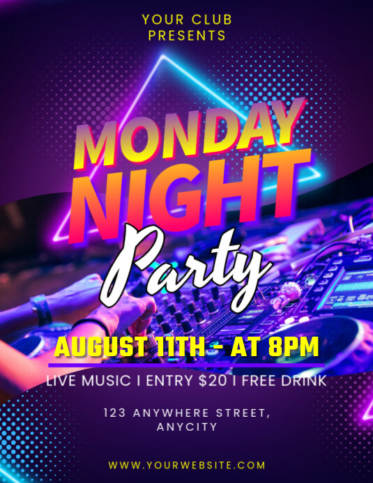 Purple Neon Monday Night Party Pamflet (letter As) Template | PosterMyWall