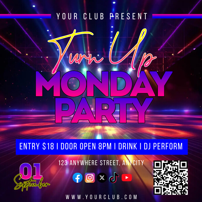 Purple Neon Monday Night Party Persegi (1:1) Template | PosterMyWall
