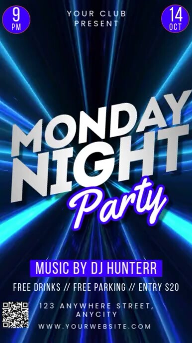 Purple Neon Monday Night Party Reel Instagram Template | PosterMyWall