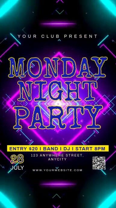 Plantilla de Purple Neon Monday Night Party Reel Instagram | PosterMyWall