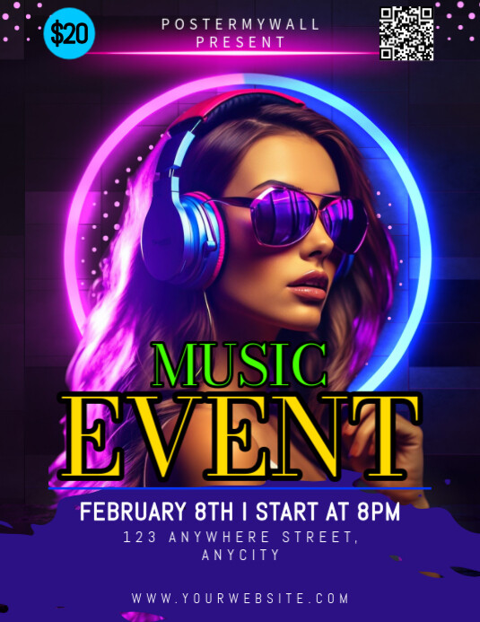 Purple Neon Music Event Pamflet (letter As) Template | PosterMyWall