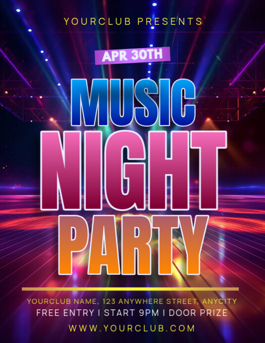 Purple Neon Music Night Party Pamflet (letter As) Template | PosterMyWall