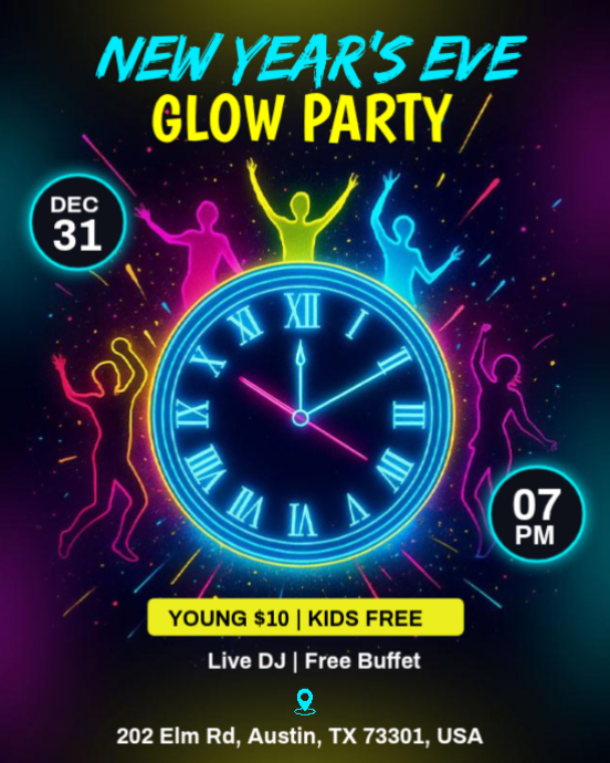 Plantilla de Purple Neon Neon Glow New Year's Eve Party Flyer Template ...