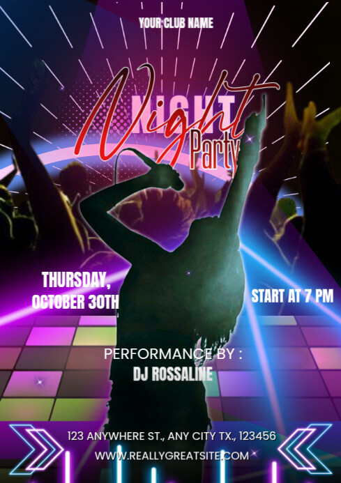Purple Neon Night Party A4 Template | PosterMyWall