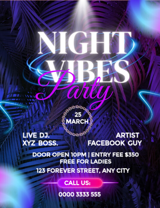 Purple Neon Night Vibes Party Flyer (us Letter) Template | PosterMyWall