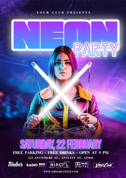 Purple Neon Party A4 Template | PosterMyWall