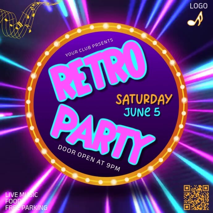 Purple Neon Retro Party Video Invite Instagram Post Template | PosterMyWall