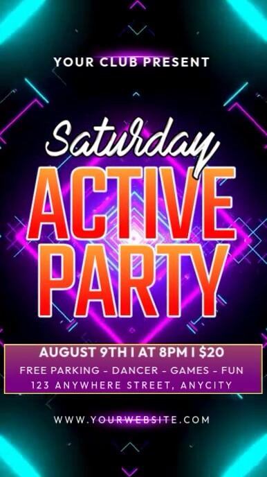Purple Neon Saturday Active Party Reel Instagram Template | PosterMyWall