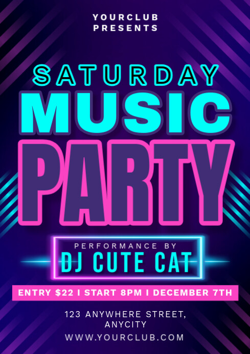 Purple Neon Saturday Music Party A1 Template | PosterMyWall