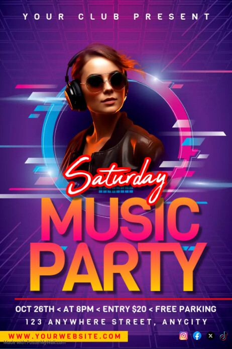 Purple Neon Saturday Music Party Poster Templat | PosterMyWall