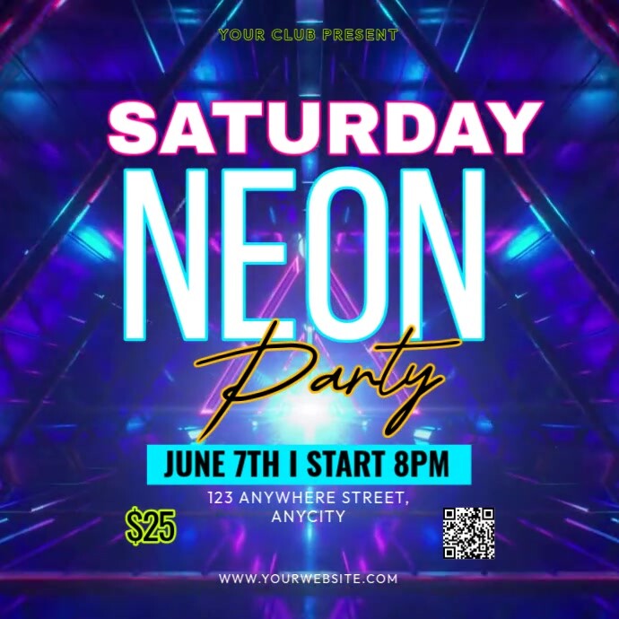 Purple Neon Saturday Neon Party Pos Instagram Template | PosterMyWall