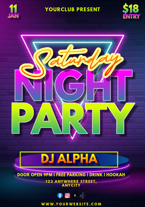Purple Neon Saturday Night Party A5 Template | PosterMyWall