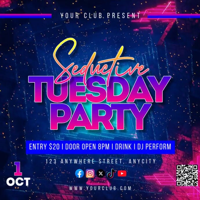 Purple Neon Seductive Tuesday Party Pos Insta Template | PosterMyWall