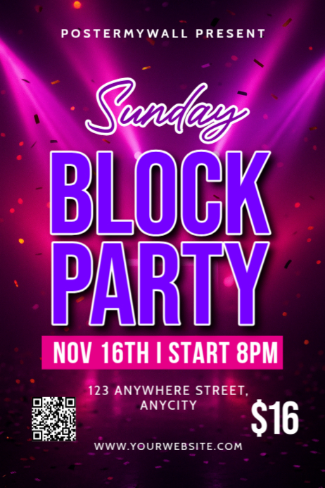 Plantilla de Purple Neon Sunday Block Party Poster | PosterMyWall