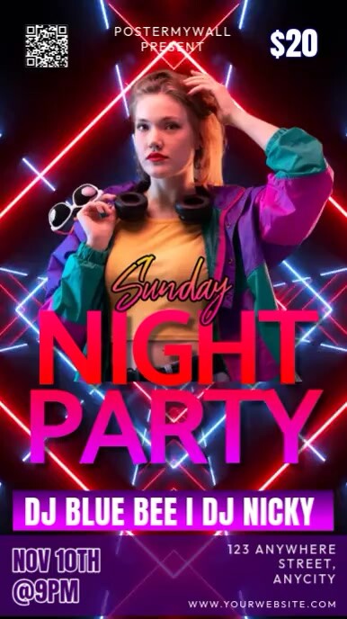 Purple Neon Sunday Night Party Reel Instagram Template | PosterMyWall