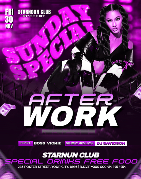 Purple Neon Sunday Special After Work Party Poster/wallboard Template ...
