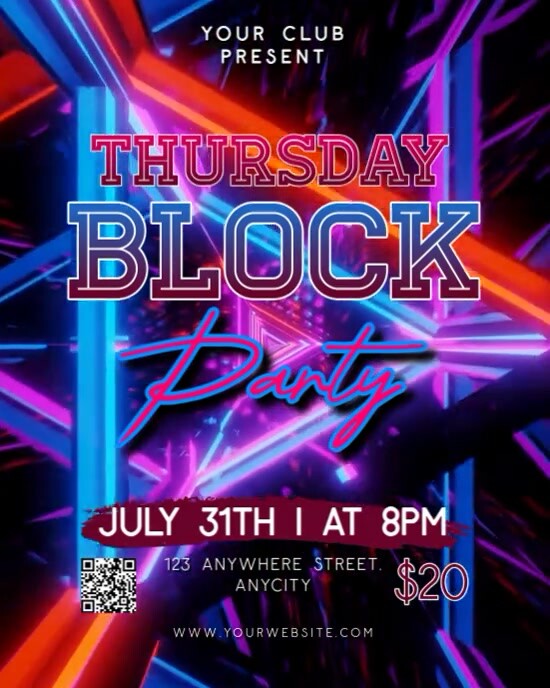 Purple Neon Thursday Block Party Instagram Portrait Templat | PosterMyWall