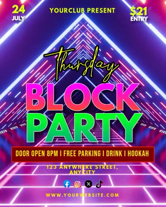 Purple Neon Thursday Block Party Instagram Portrait Template | PosterMyWall
