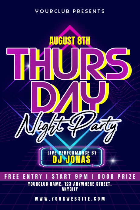 Plantilla de Purple Neon Thursday Night Party Poster | PosterMyWall