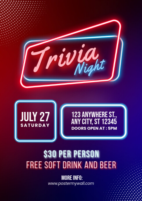 Purple Neon Trivia Night A4 Template | PosterMyWall