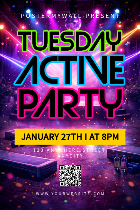 Purple Neon Tuesday Active Party Poster Template | PosterMyWall