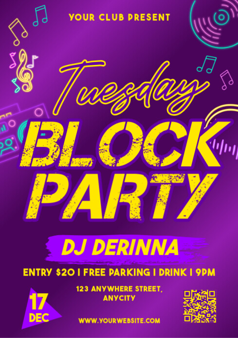 Purple Neon Tuesday Block Party A2 Template | PosterMyWall