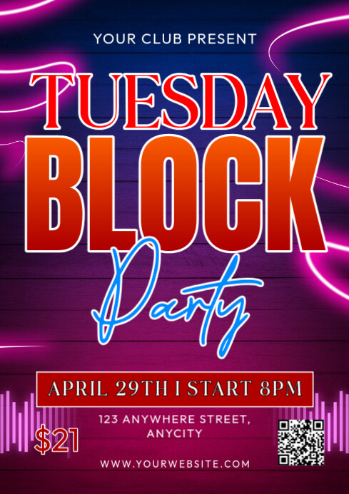Copy of Purple Neon Tuesday Block Party A4 | PosterMyWall