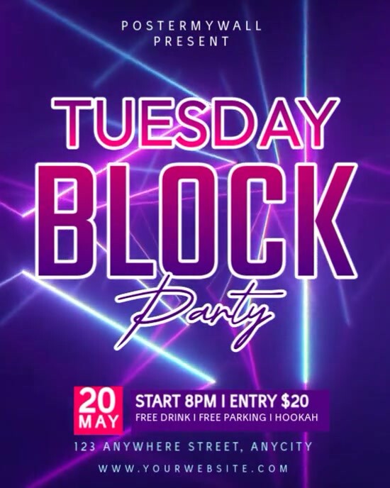Purple Neon Tuesday Block Party Instagram Portrait Template | PosterMyWall